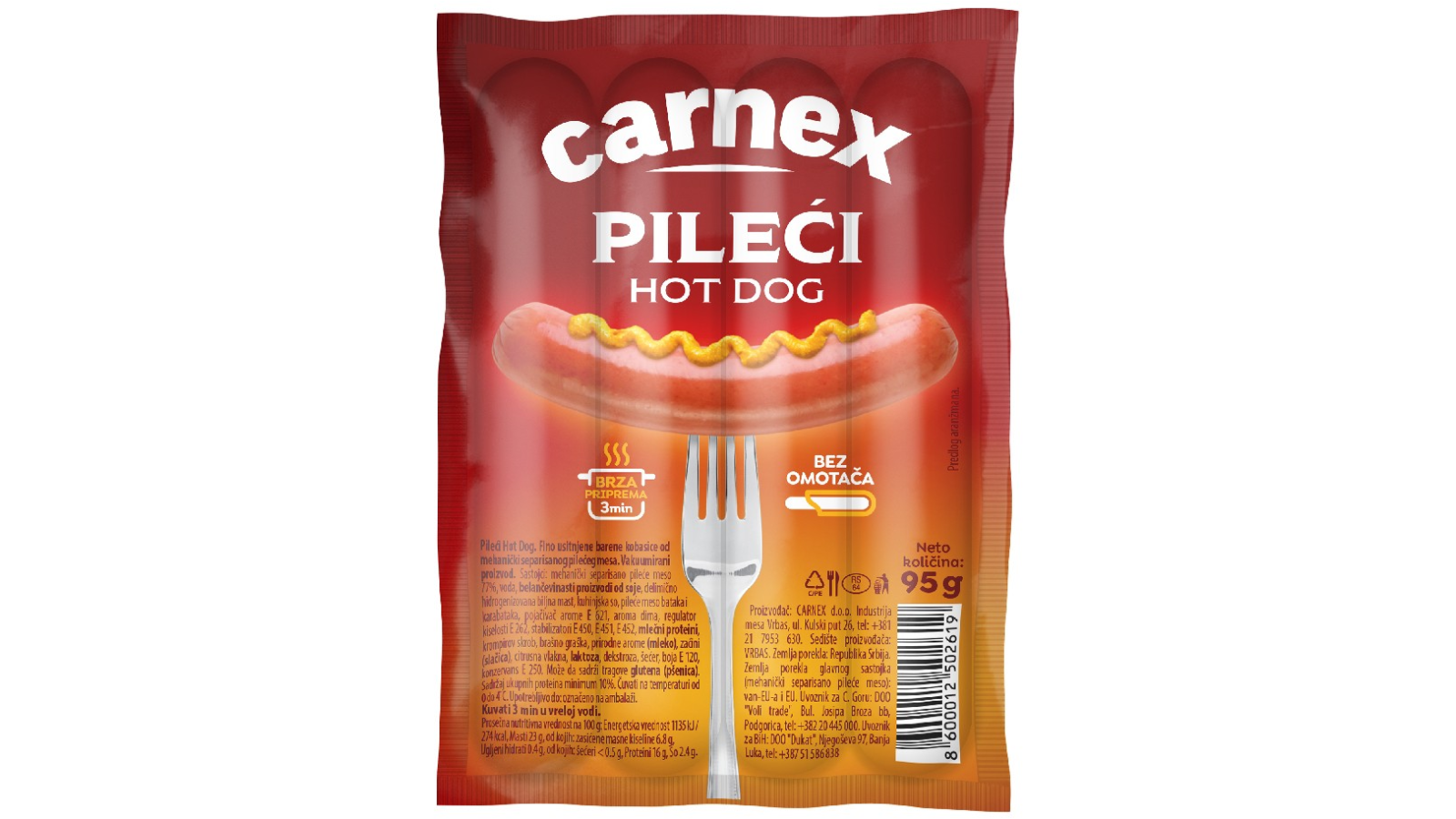 Viršle CARNEX Hot dog pileći 95g - Cenoteka