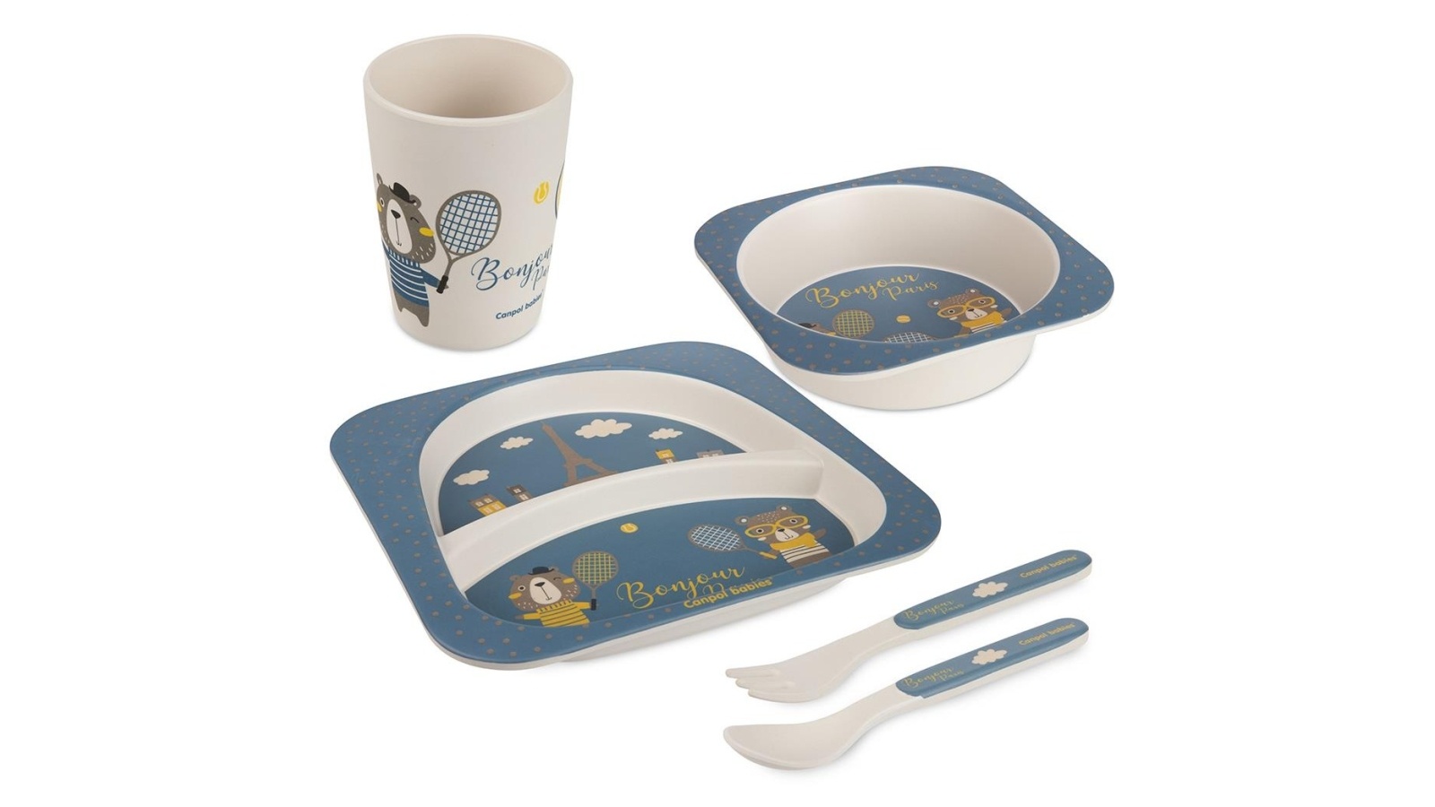 CANPOL BABIES Set za hranjenje beba Bonjour Paris plavi 12m+ 5delova ...