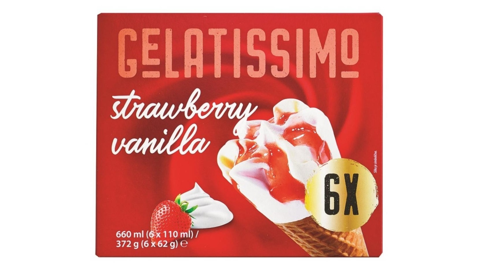 Sladoled GELATISSIMO vanila jagoda kornet 6x110ml - Cenoteka