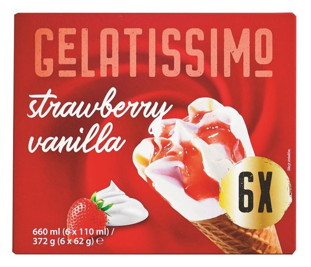 Sladoled GELATISSIMO vanila jagoda kornet 6x110ml - Cenoteka